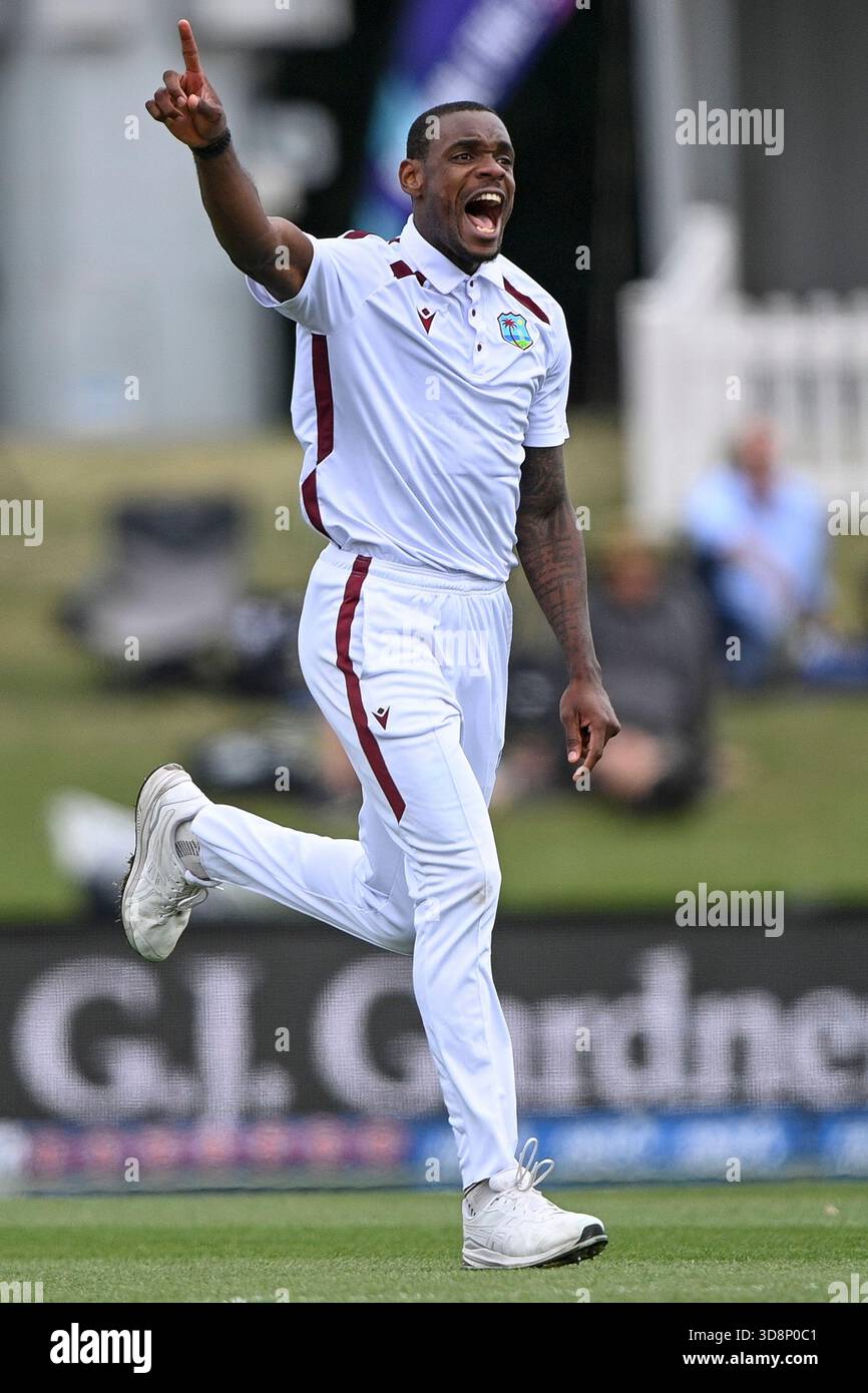 West Indies' Justin Greaves celebrates taking the wicket of New Zealand ...