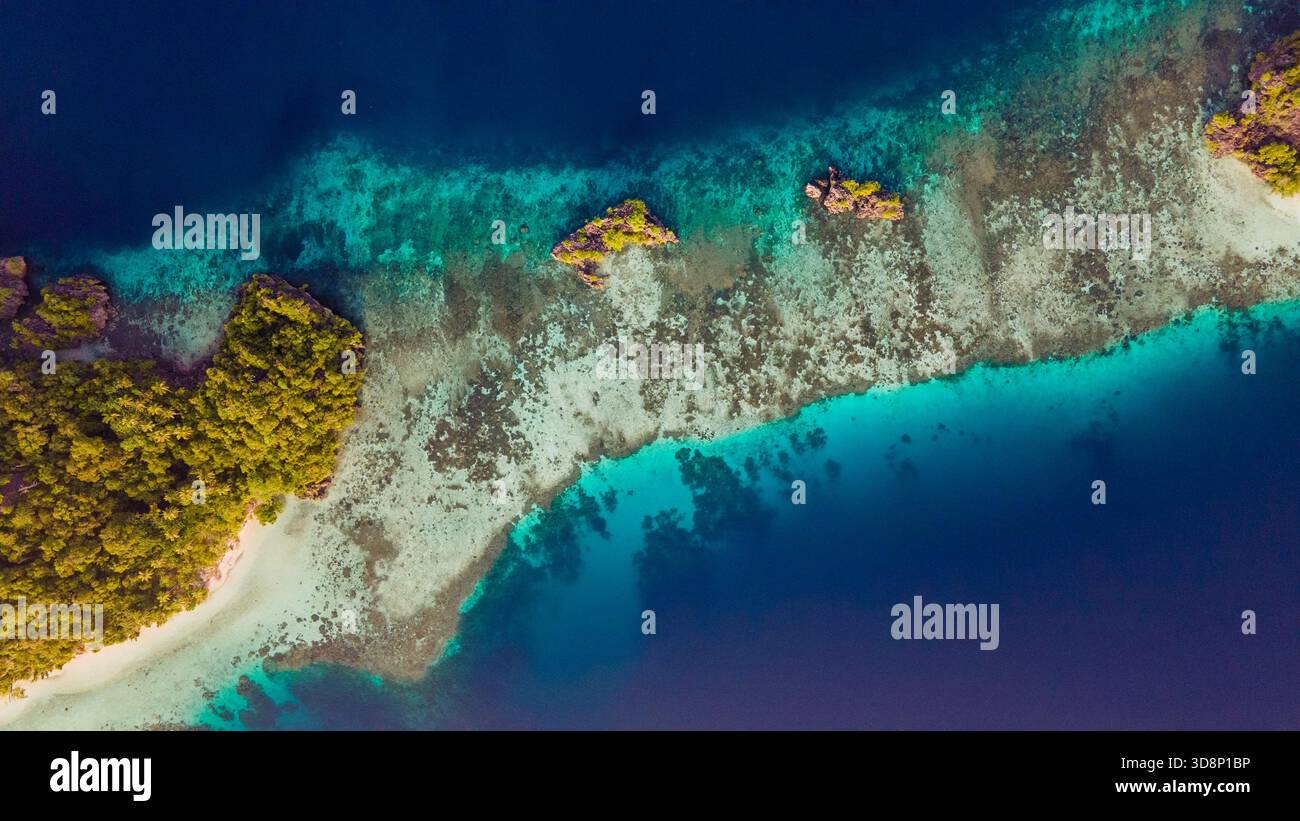 Aerial image of the green karst islands and protected reefs of Wayag ...