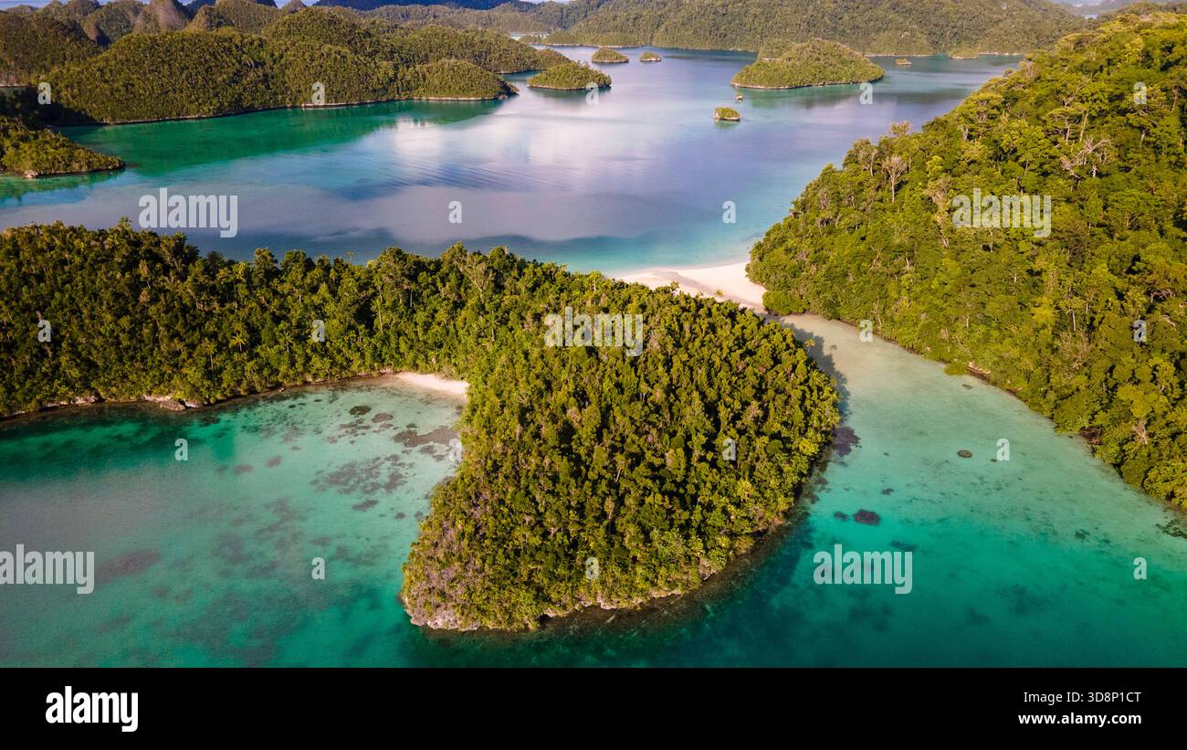 Aerial image of the green karst islands and protected reefs of Wayag ...