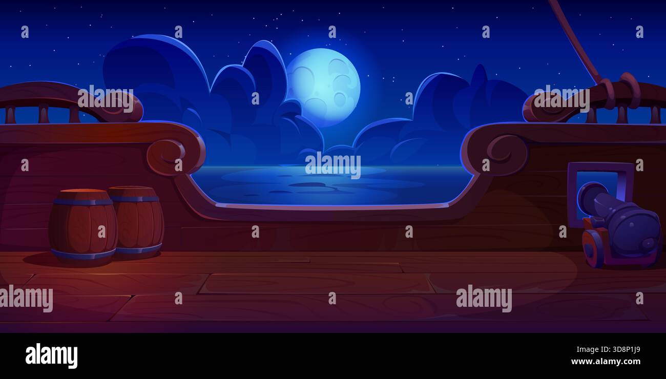 Night landscape of wooden pirate ship deck with full moon over calm sea ...