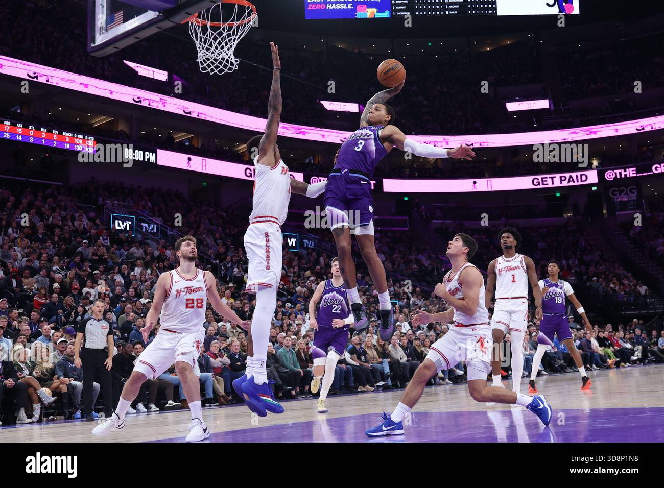 Utah Jazz guard Keyonte George (3) goes up to dunk against the Houston ...