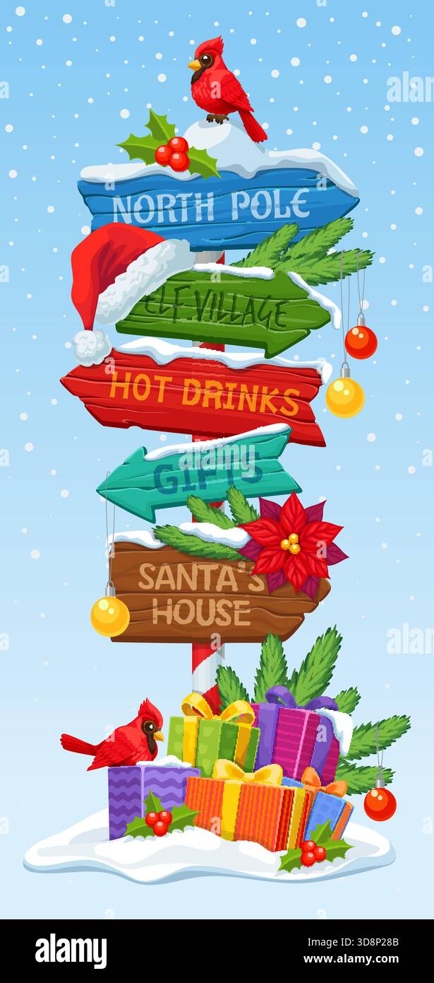 Christmas sign board, winter holiday snowy signpost with North Pole ...