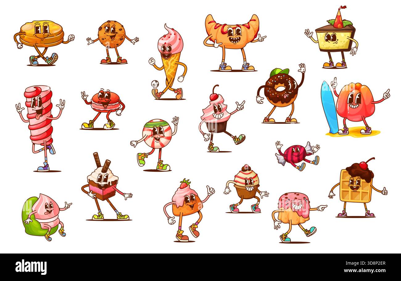 Cartoon groovy sweet and candy characters, vector retro dessert food ...