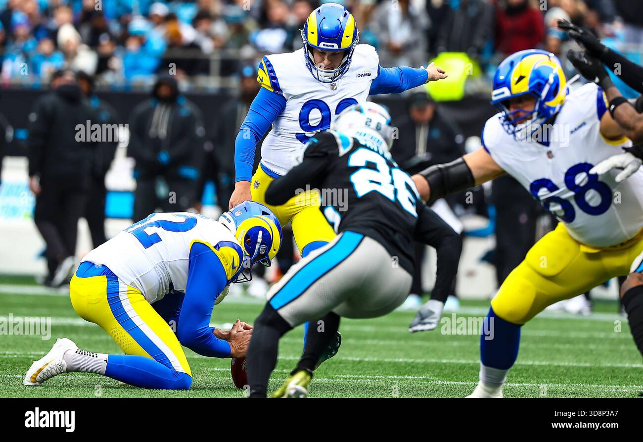 November 30, 2025: Los Angeles kicker Harrison Mevis (92) kicks extra ...