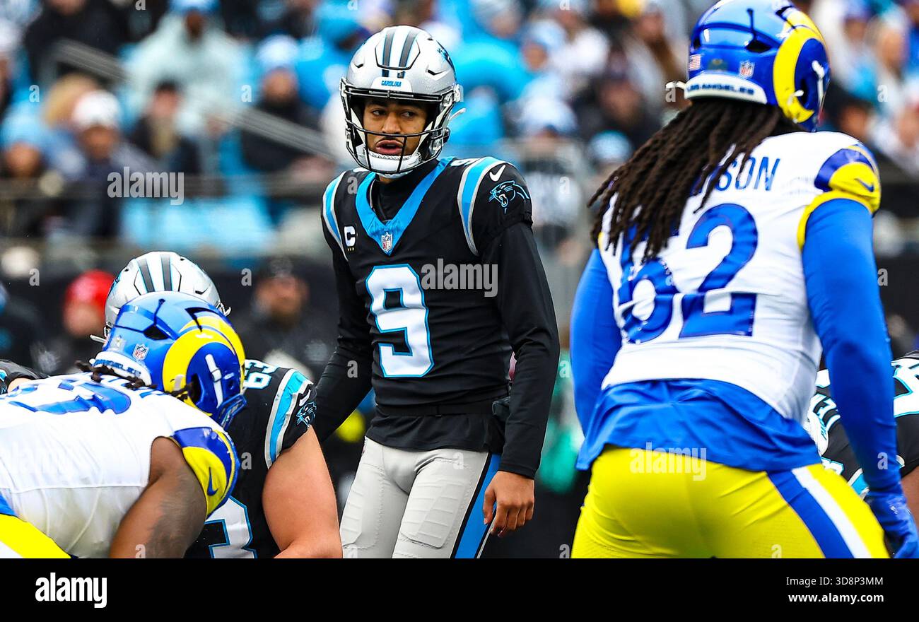 November 30, 2025: Carolina quarterback Bryce Young (9) comes up to ...