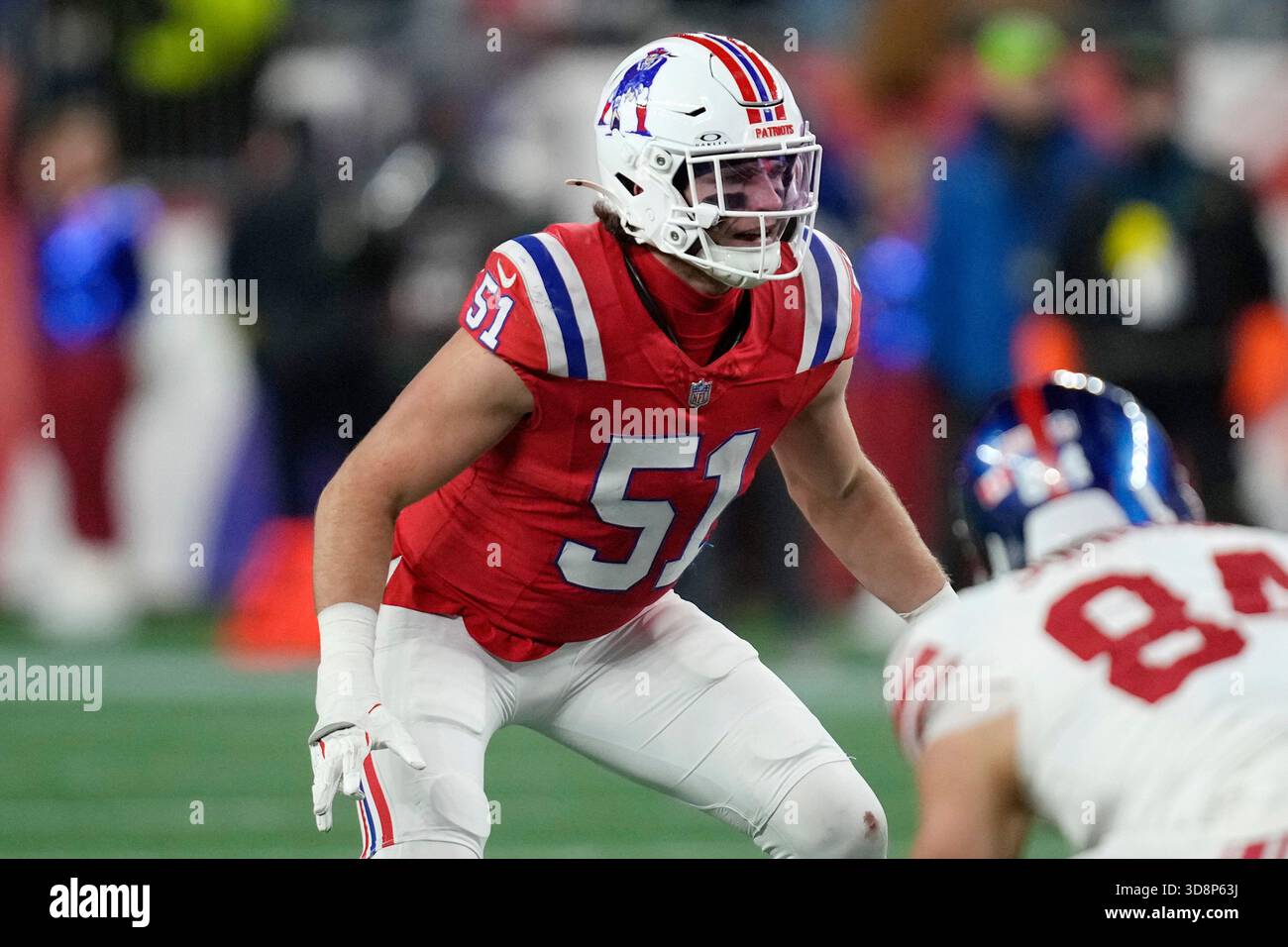 New England Patriots linebacker Jack Gibbens (51) lines up against the ...