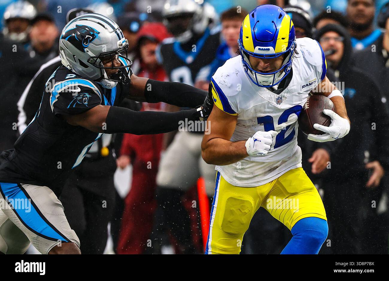 November 30, 2025: Carolina cornerback Mike Jackson (2) pushes out Los ...
