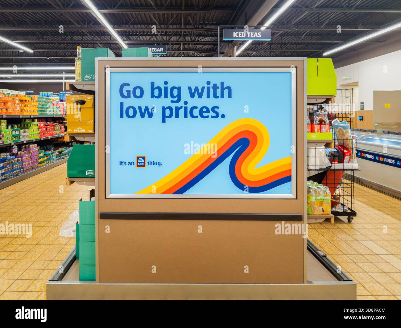 Yorkville, NY - Nov 30, 2025: Aldi promotional sign inside a grocery ...