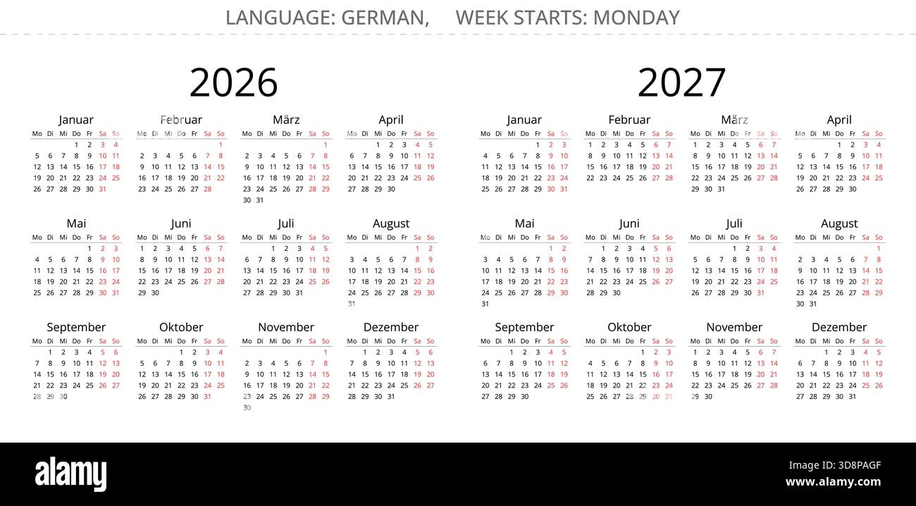 German calendar for 2026 and 2027. Vector year illustrations for ...