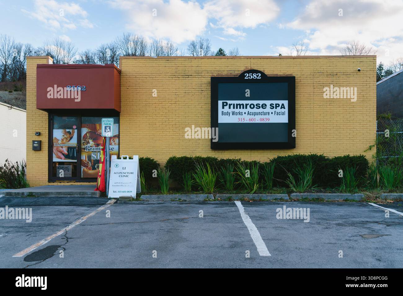 Syracuse, NY - Nov 22, 2025: Close-up view of Primrose Spa is located ...