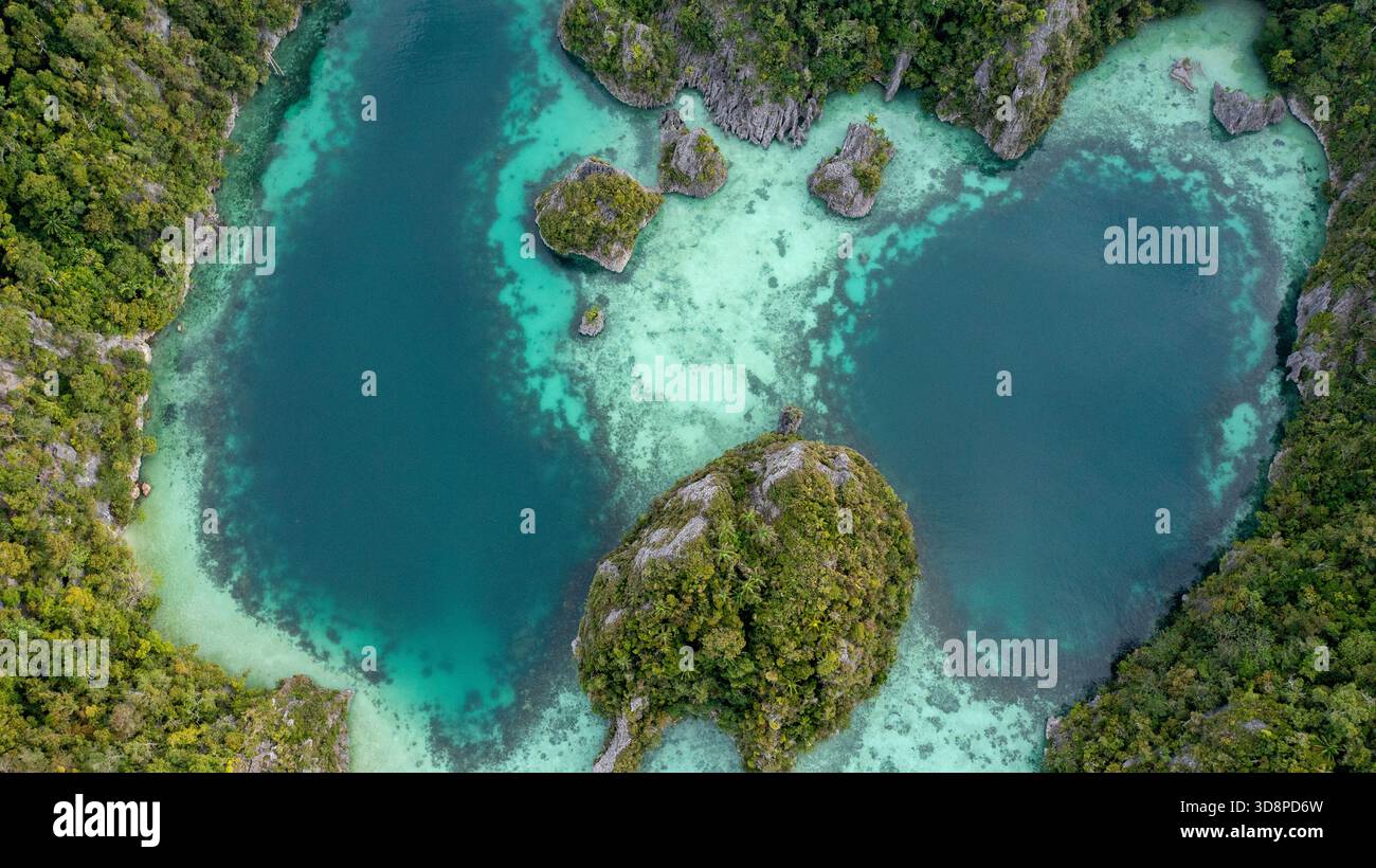 Aerial view of hidden lagoons and dense green trees growing on karst ...