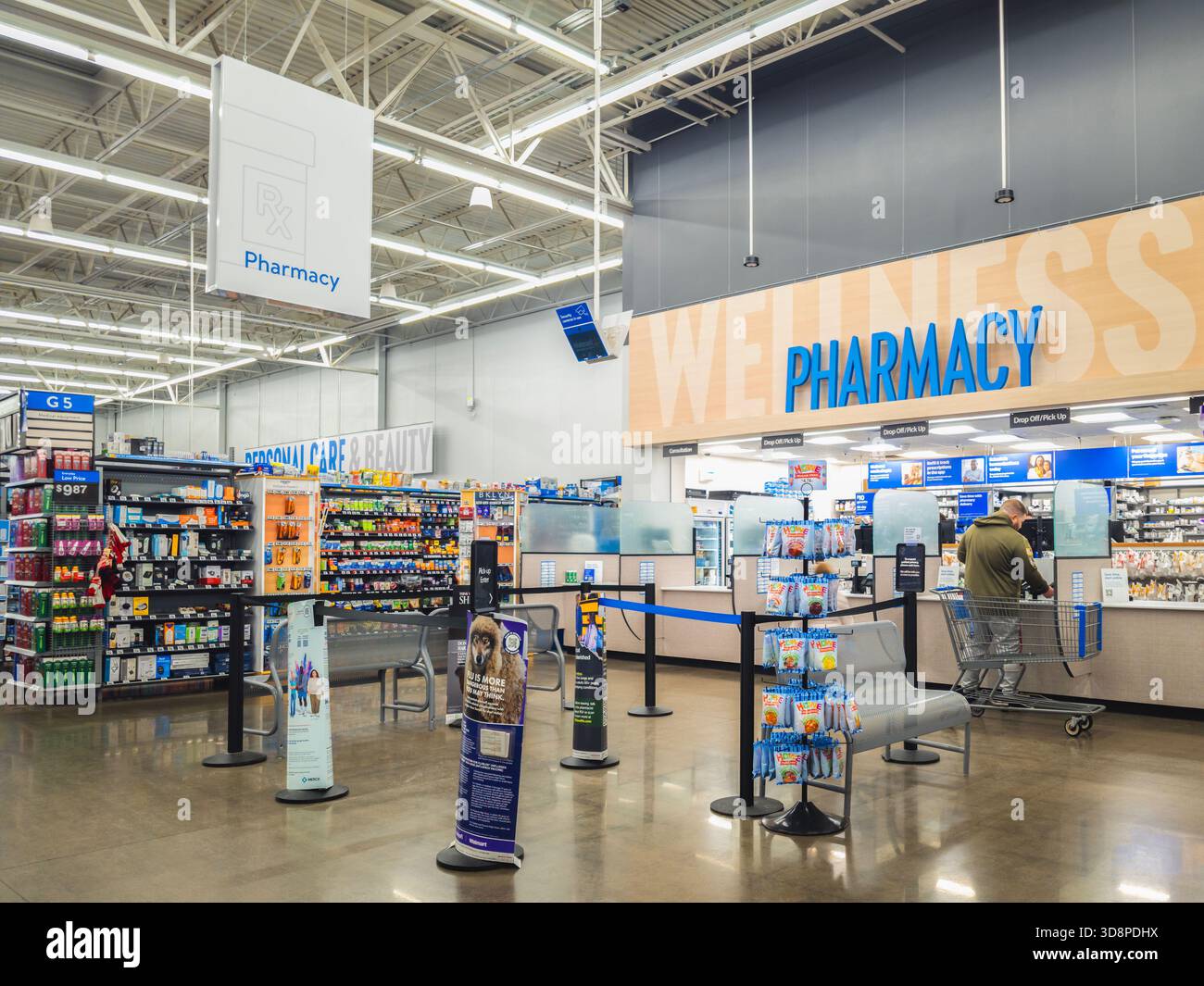 New Hartford, NY - Nov 27, 2025: Walmart pharmacy interior with branded ...