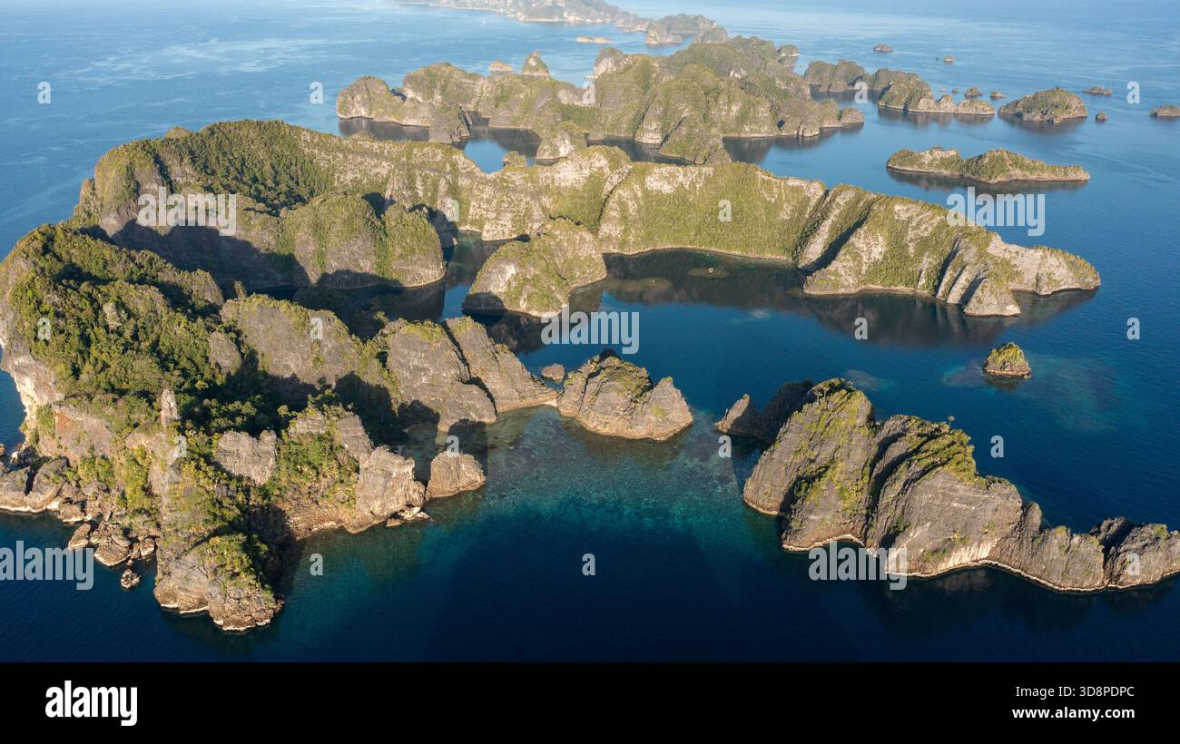 An aerial view of the Balbulol and island group of karst cliffs, Misool ...