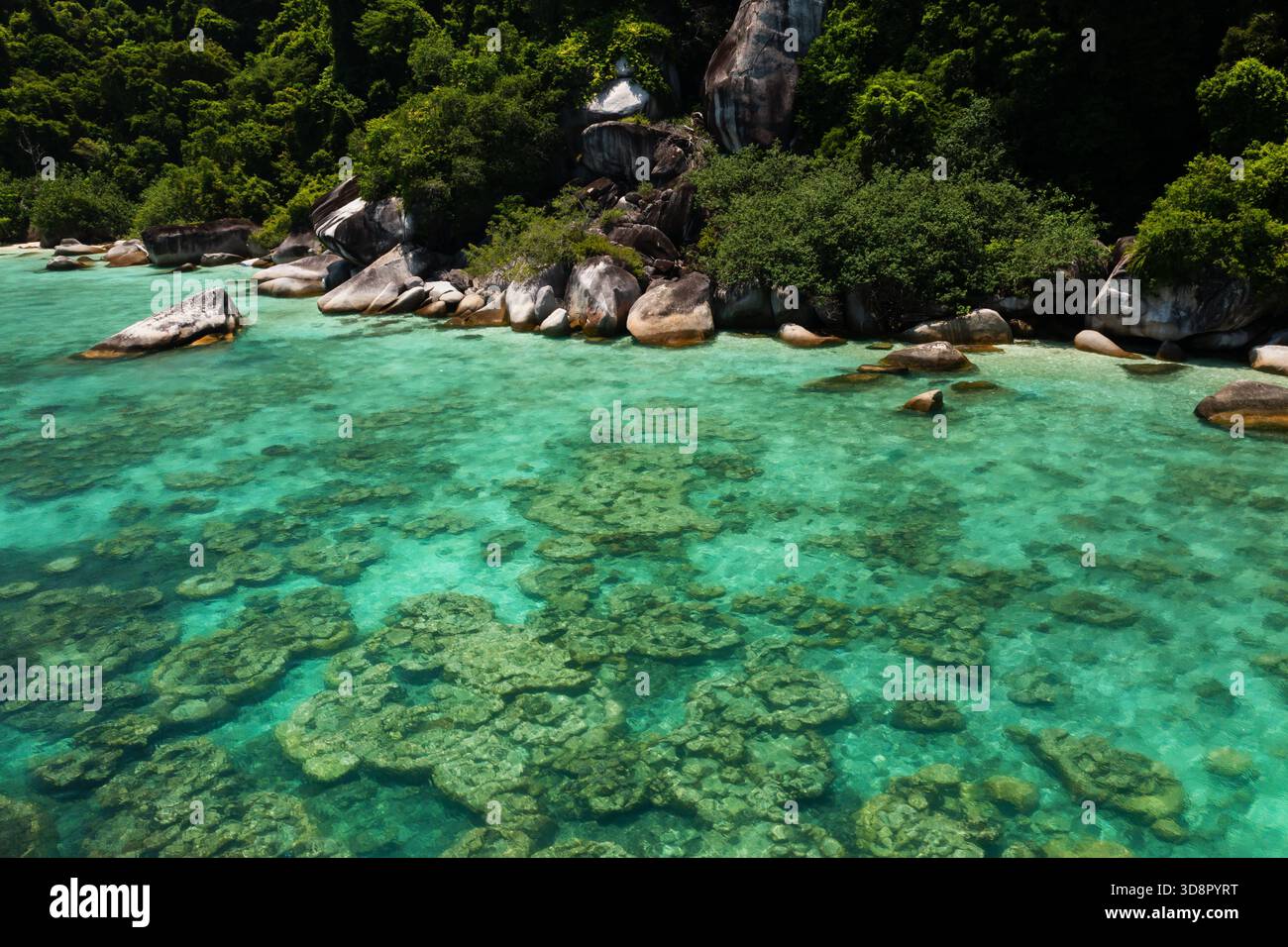 Top view of the coral reef with crystal clear water and rocky ...