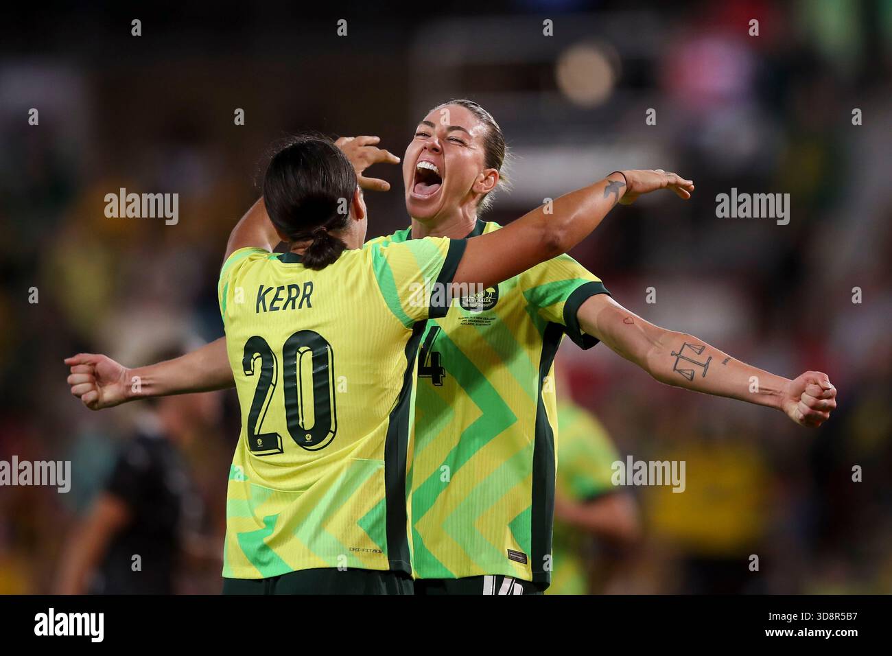 Alanna Kennedy of the Matildas celebrates a goal with team mate Sam ...