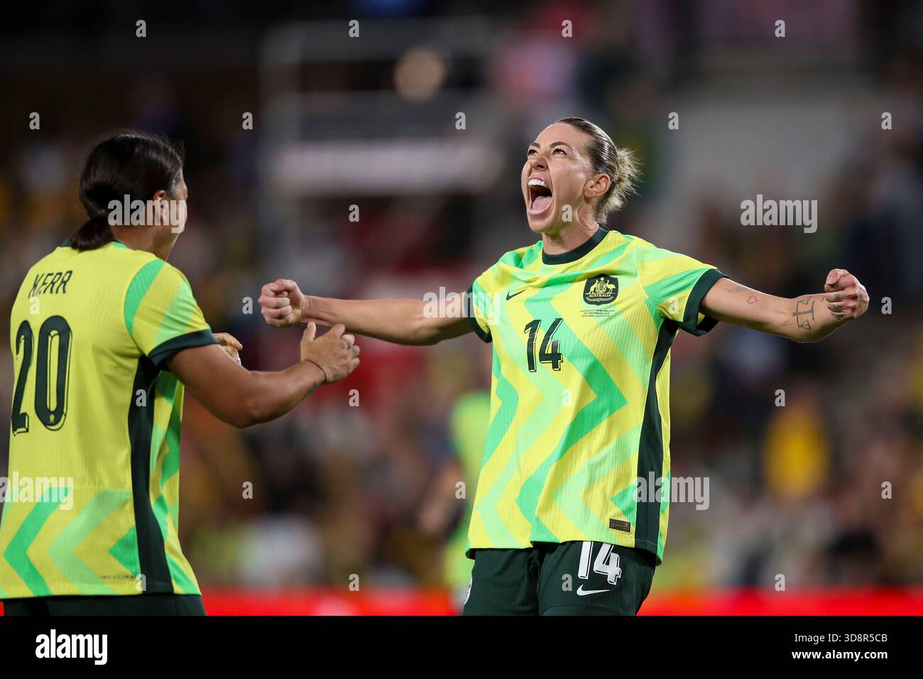 Alanna Kennedy of the Matildas celebrates a goal with team mate Sam ...