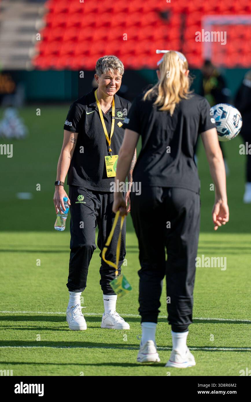 Michelle Heyman (32 Australia) inspects the pitch before the ...