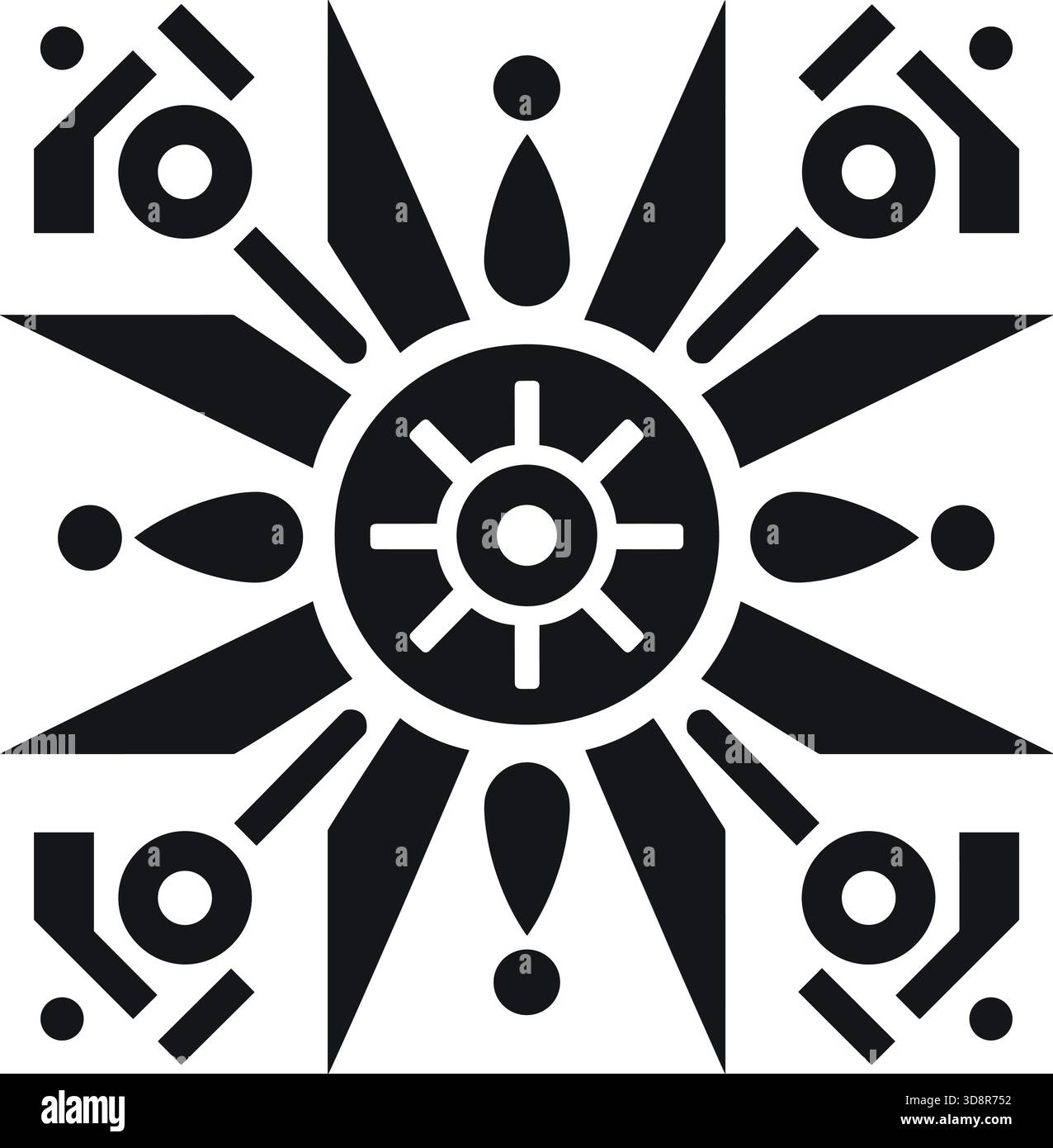 Black sunburst pattern on white. Radial spikes & circles radiate ...
