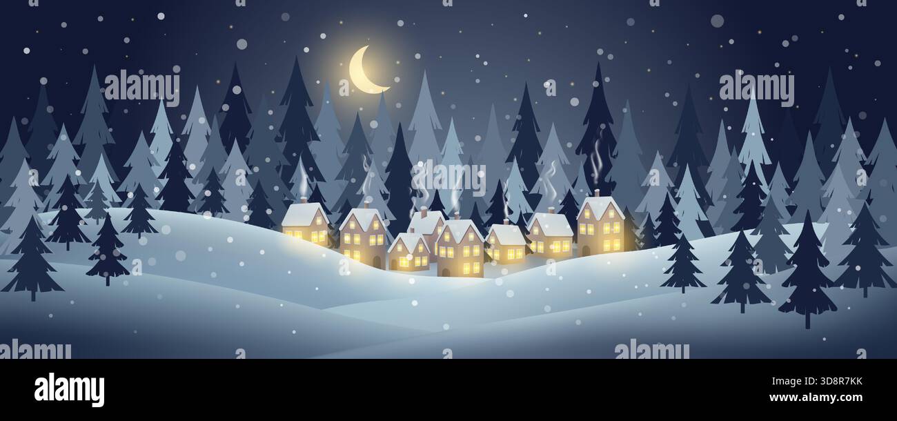 Cozy winter village nestled in a snowy forest at night. Landscape with ...
