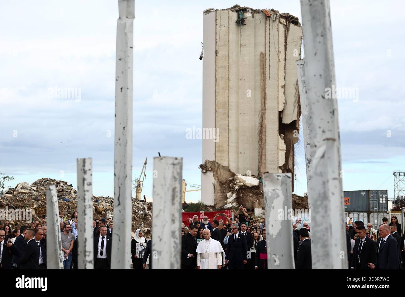Pope Leo XIV holds a moment of prayer at the site of the 2020 Beirut ...