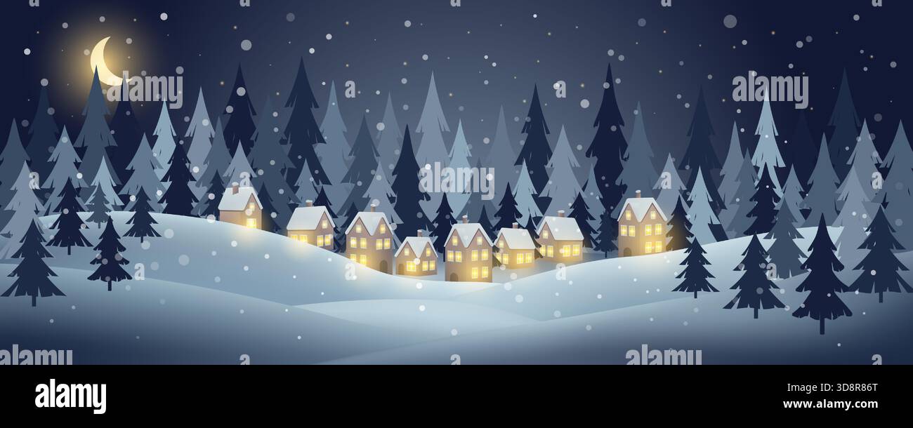 Winter night scene with cozy houses glowing in snowy pine forest under ...