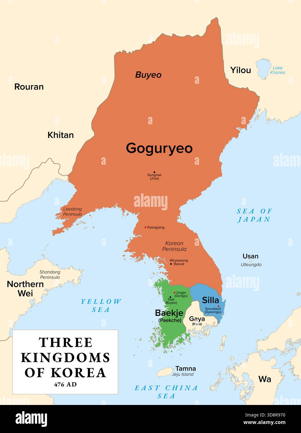 Three Kingdoms of Korea, history map. Goguryeo, Baekje, and Silla in ...