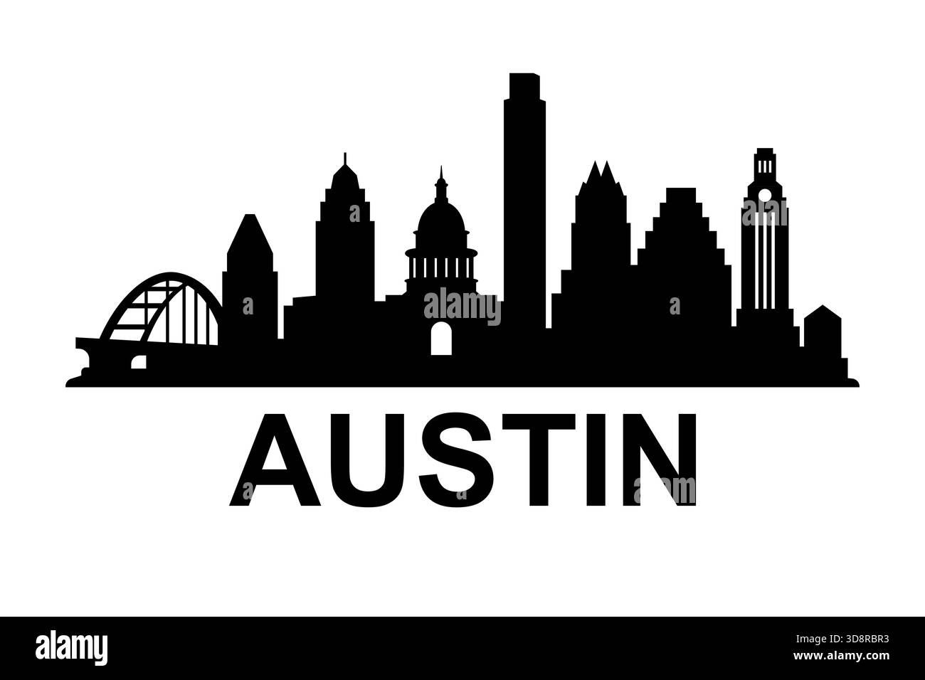 Austin skyline silhouette featuring state capitol, bridges, and famous ...