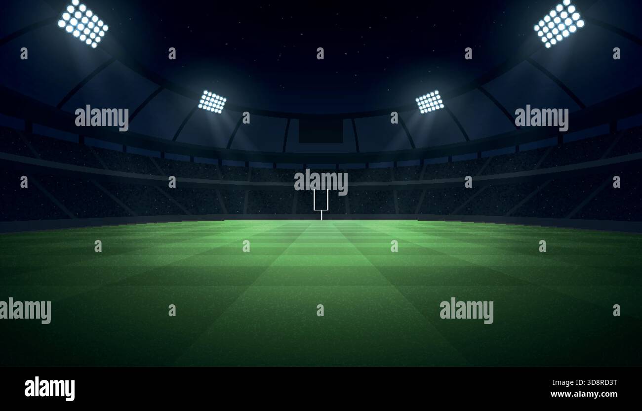 Illuminated football stadium at night with grass field, goal post, and ...