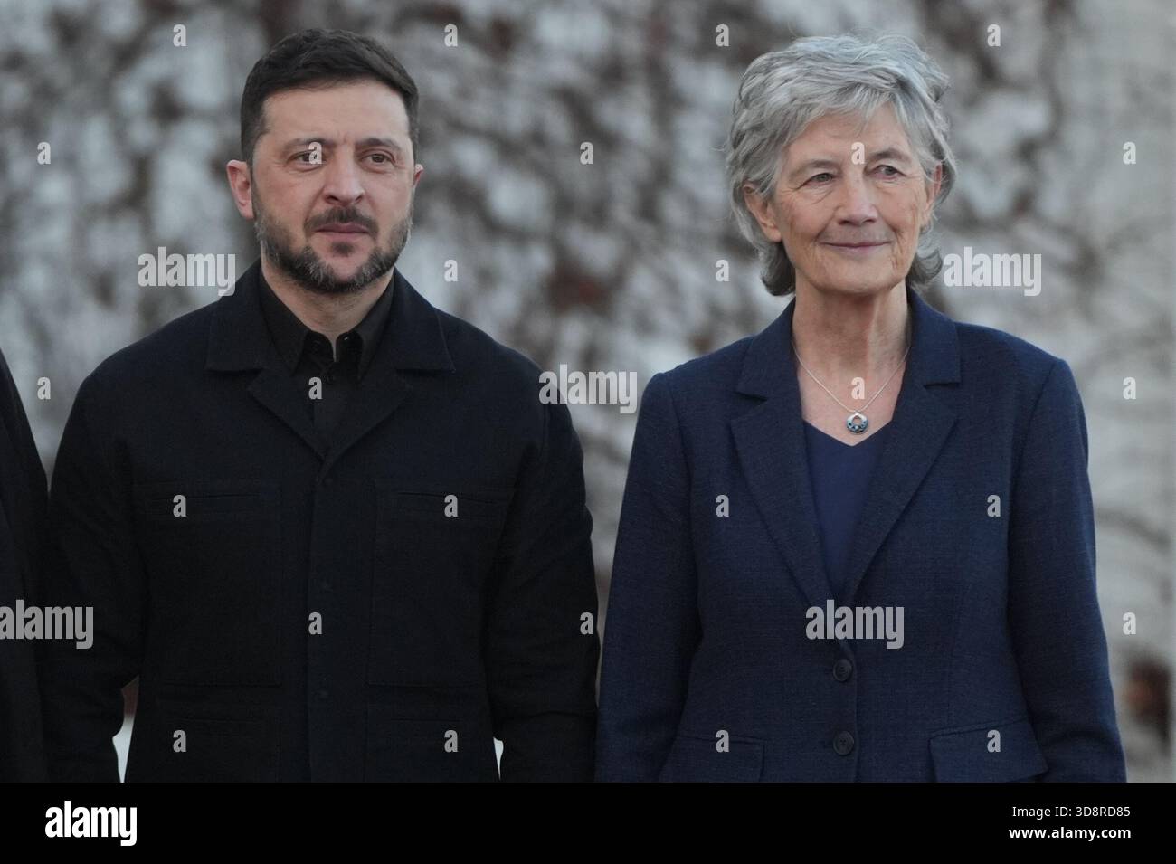 Ukrainian President Volodymyr Zelensky is welcomed by President ...