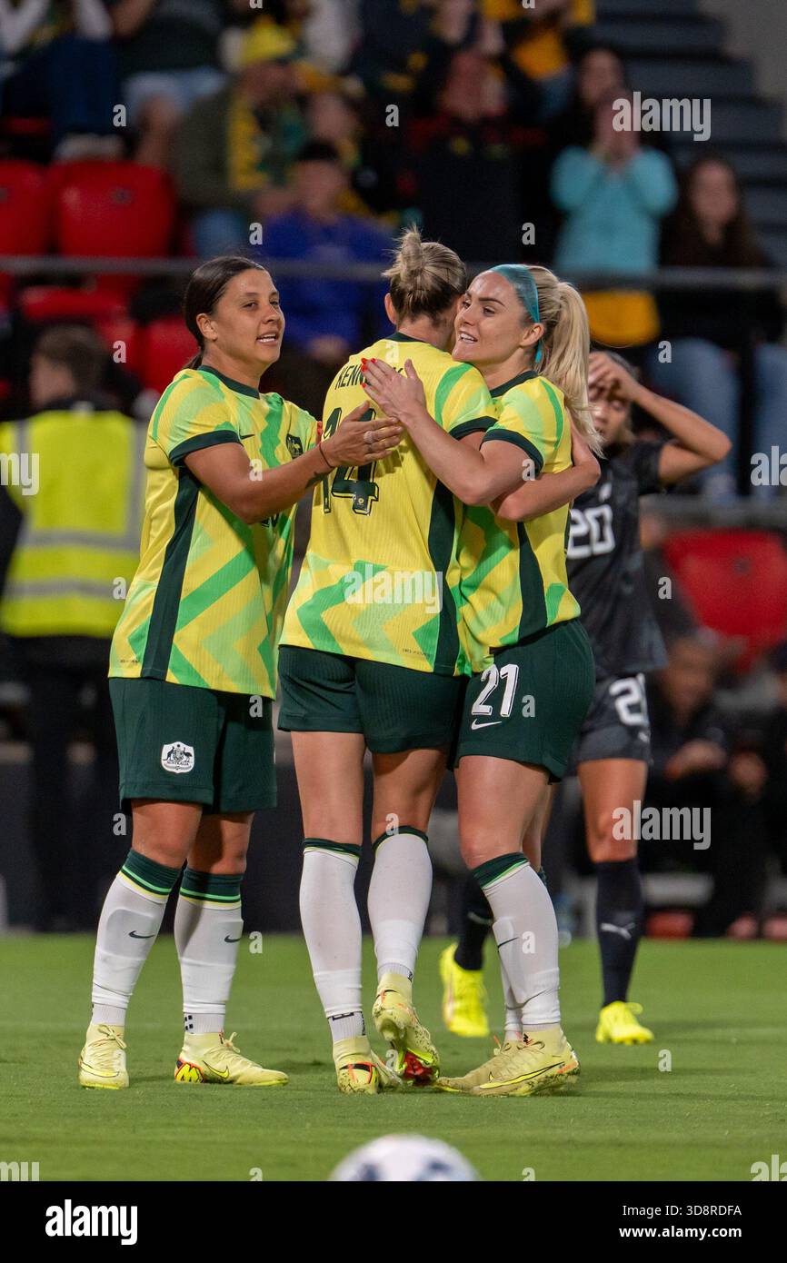 Sam Kerr (20 Australia), Alanna Kennedy (14 Australia) and Ellie ...