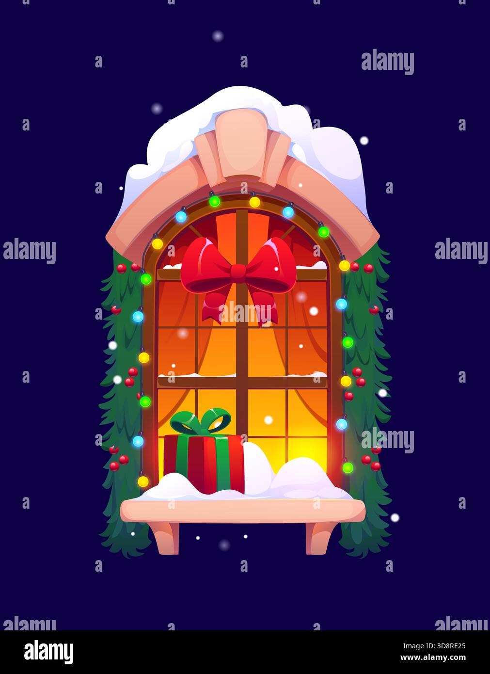 Cartoon Christmas window with snow, bow, garlands Stock Vector Image ...