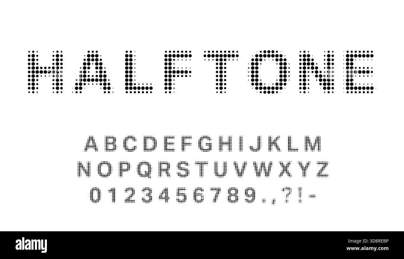 Modern uppercase typeface created using black halftone dots, includes ...