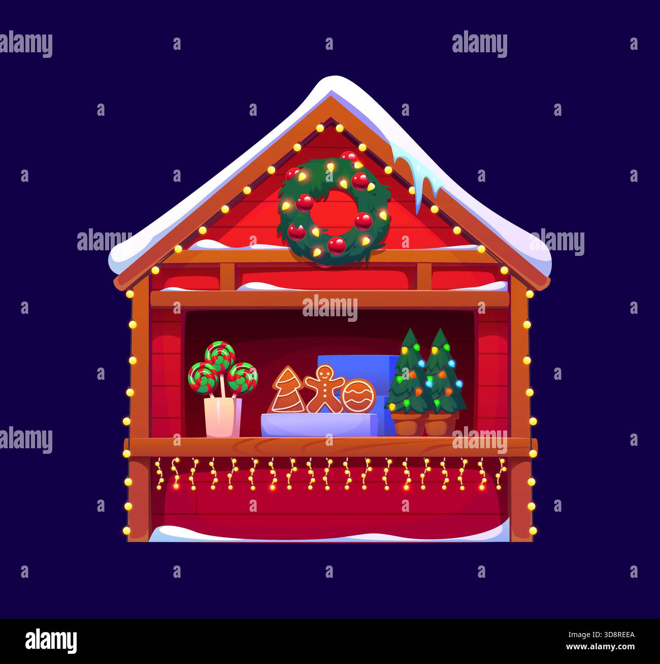 Christmas market stall with wreath, gifts, candies Stock Vector Image ...