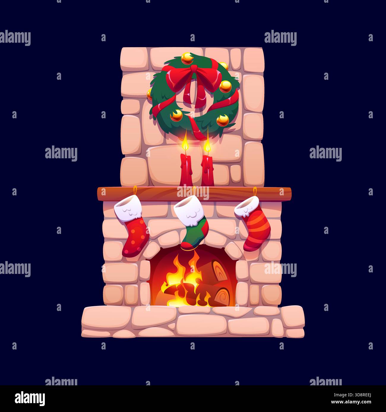 Cartoon Christmas fireplace with warm fire inside Stock Vector Image ...
