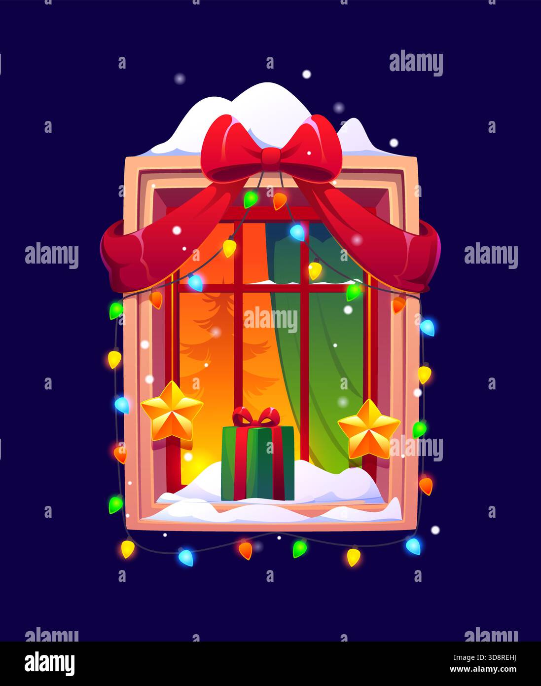 Christmas winter house window with snow and gift Stock Vector Image ...