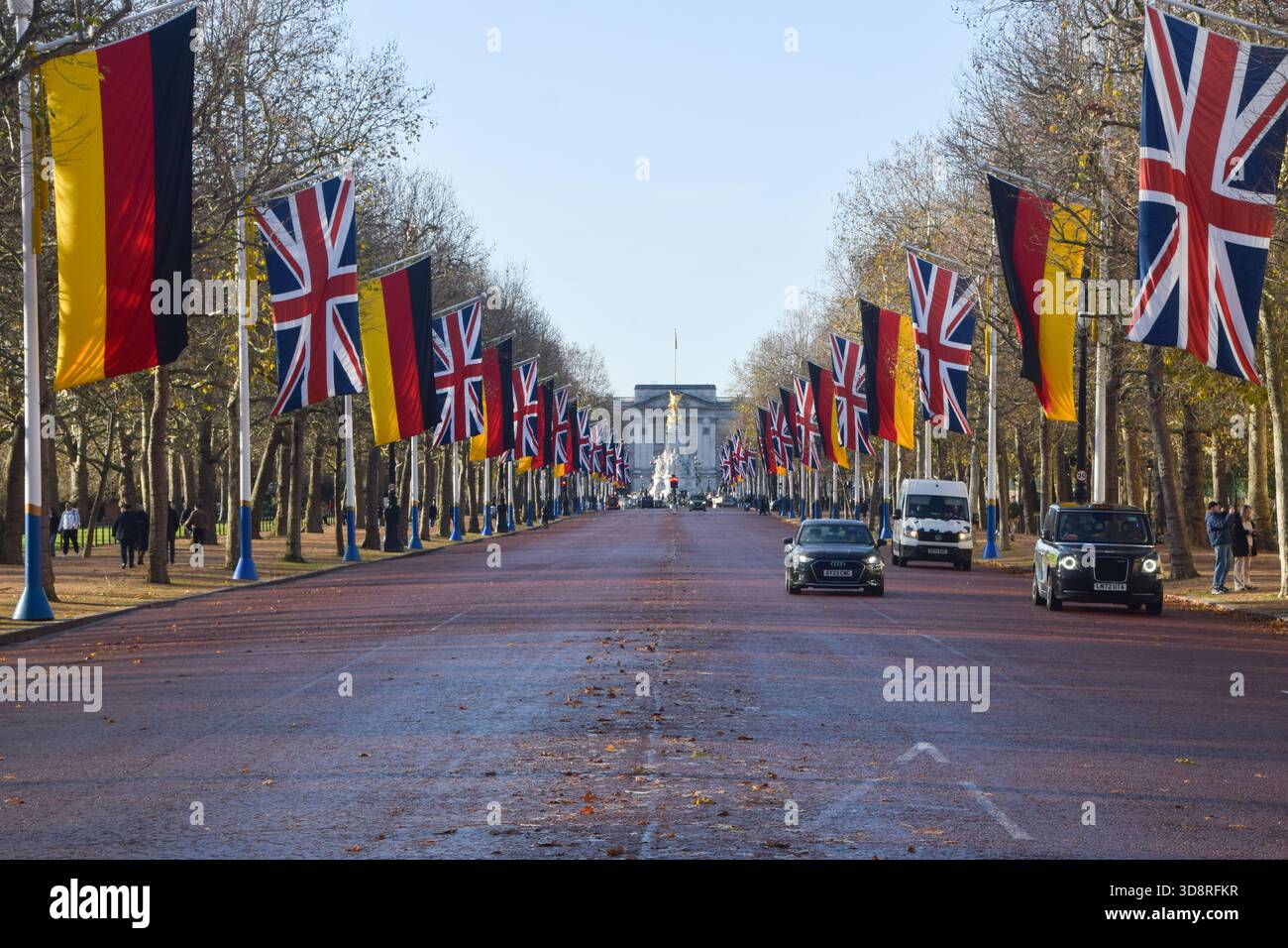 London, UK. 2nd December 2025. German flags and Union Jacks line The ...