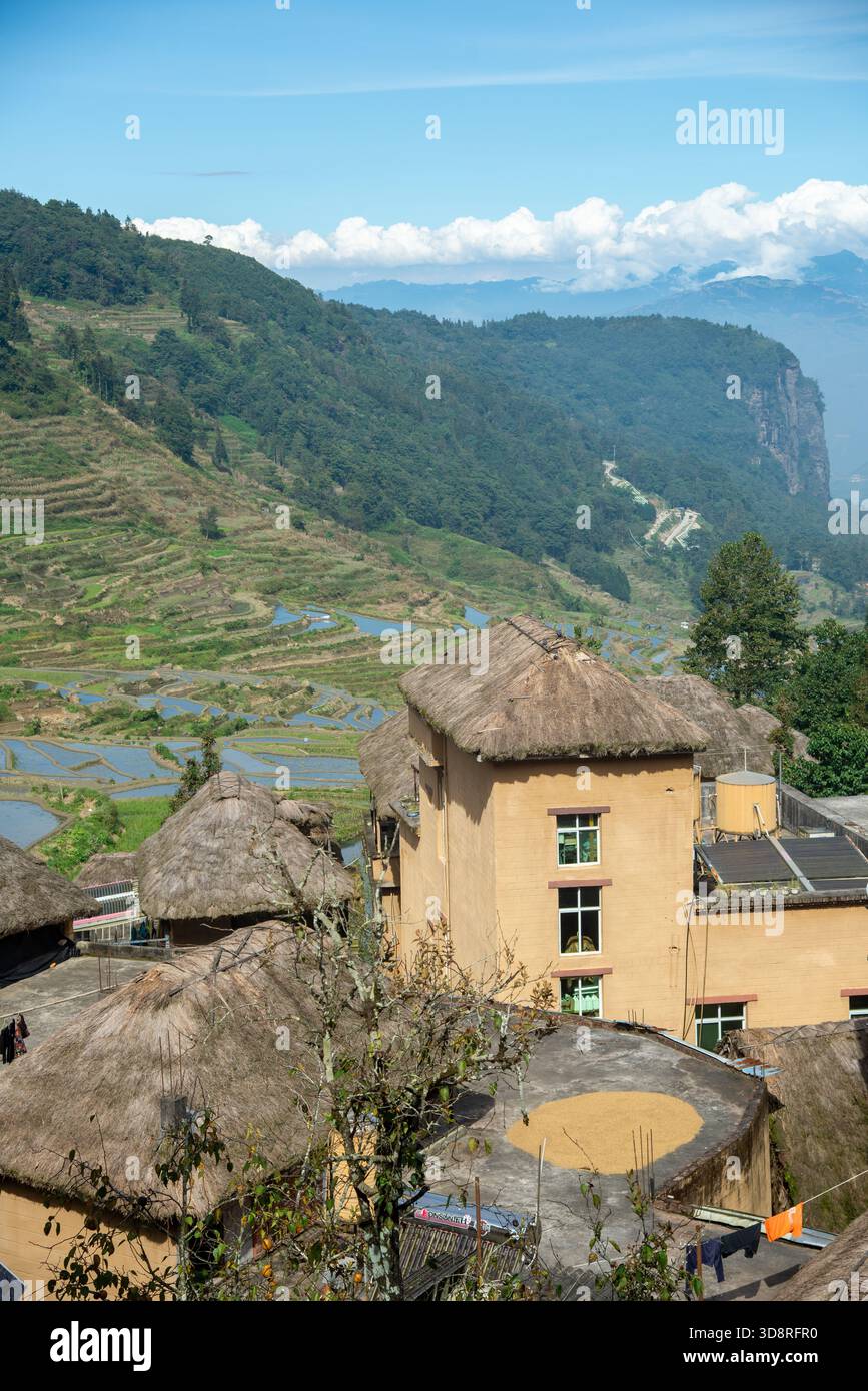so called 'mushroom village' in famous Yuangyang rice terraces area in ...