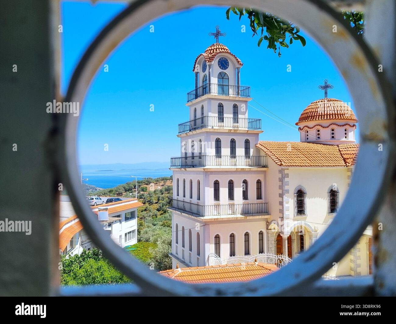 Unique view of the bell tower of the Monastery of Saint Raphael through ...