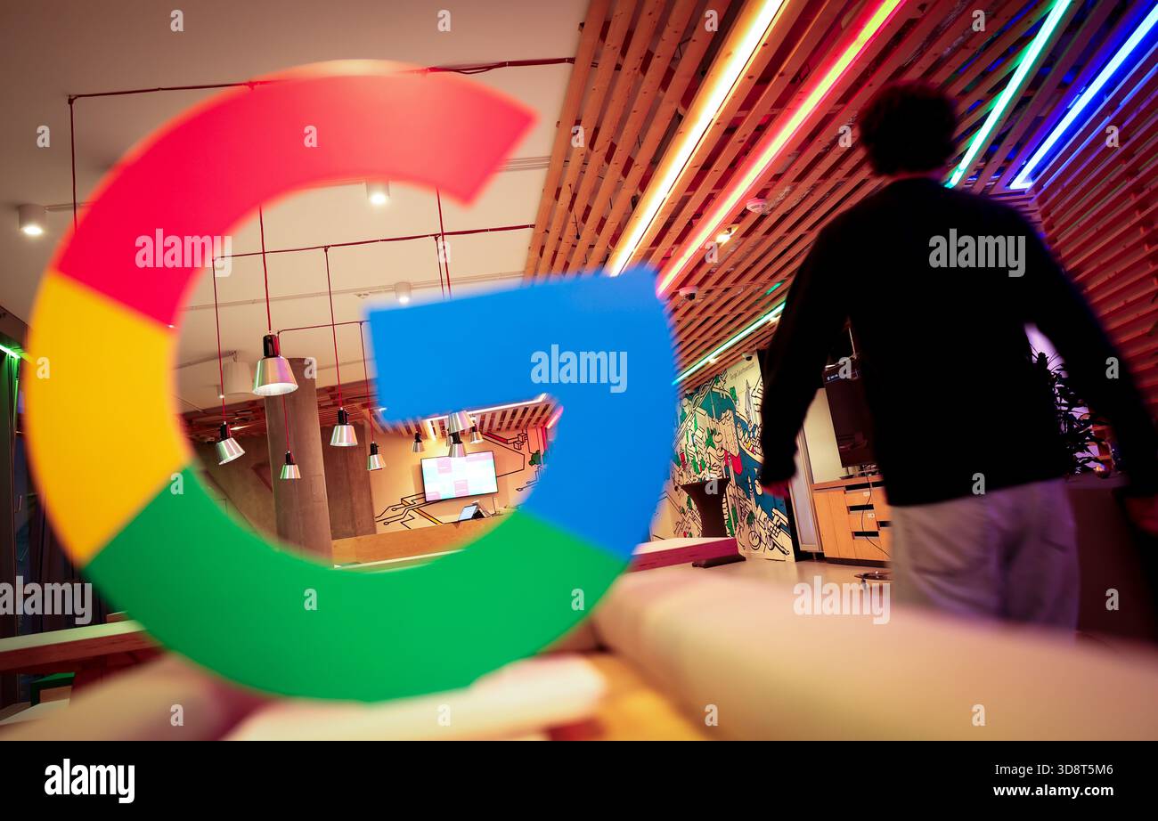01 December 2025, Hamburg: A Google logo stands in the future workshop at Google's German ...