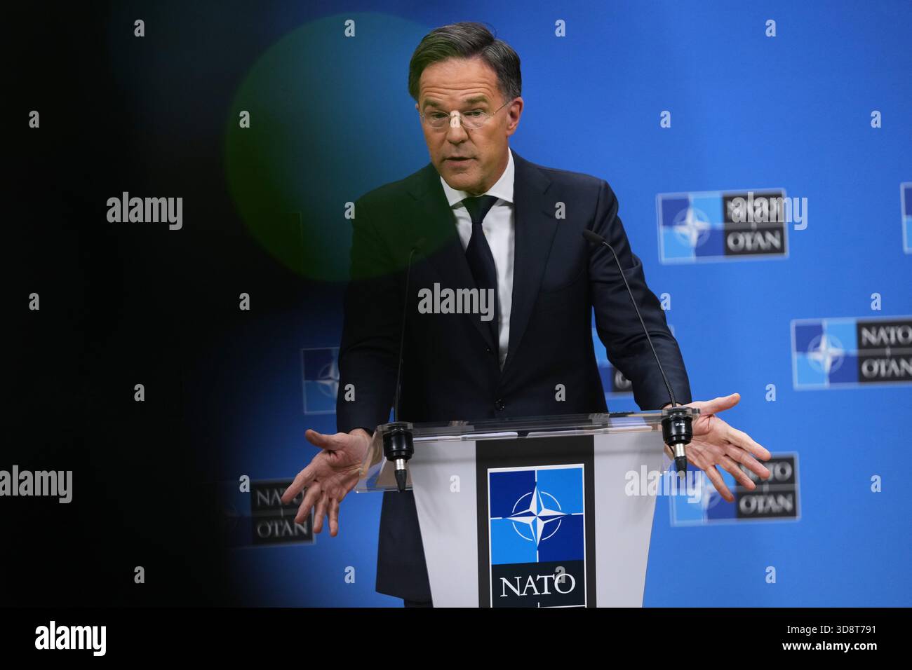 NATO Secretary General Mark Rutte speaks during a pre-ministerial media ...