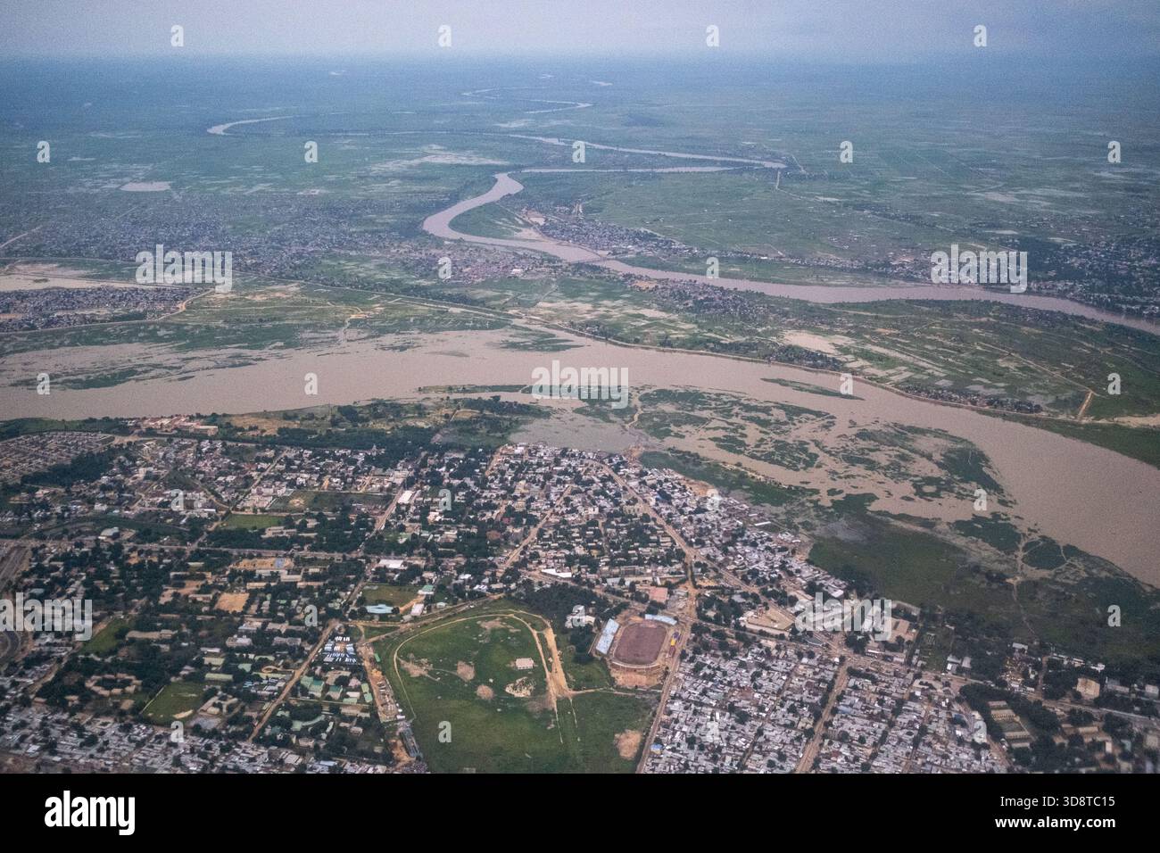 Aerial view of flooded areas along the Chari River in NDjamena in Chad ...