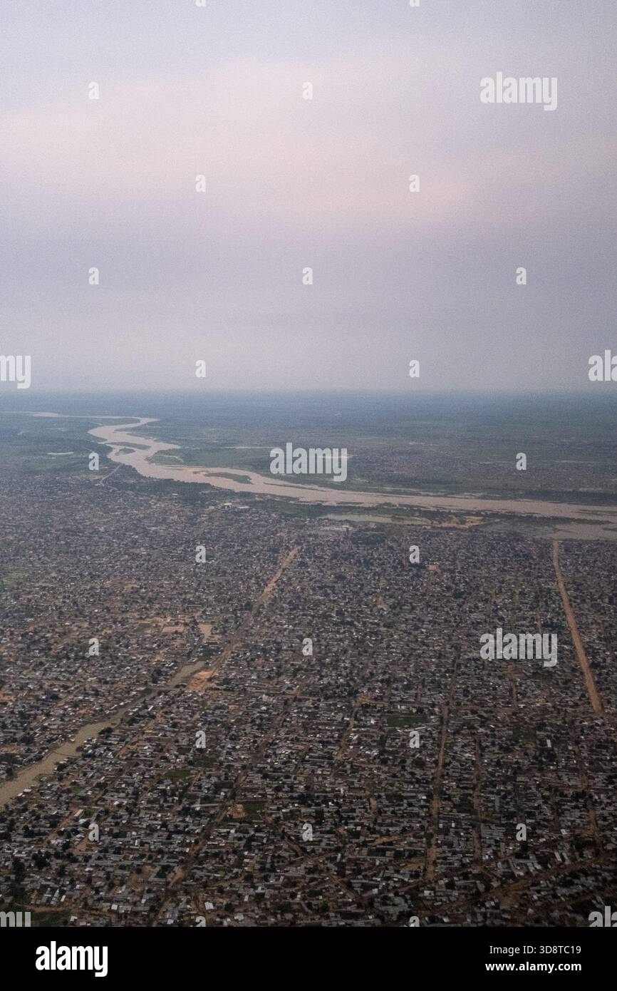 Aerial view of flooded areas along the Chari River in NDjamena in Chad ...