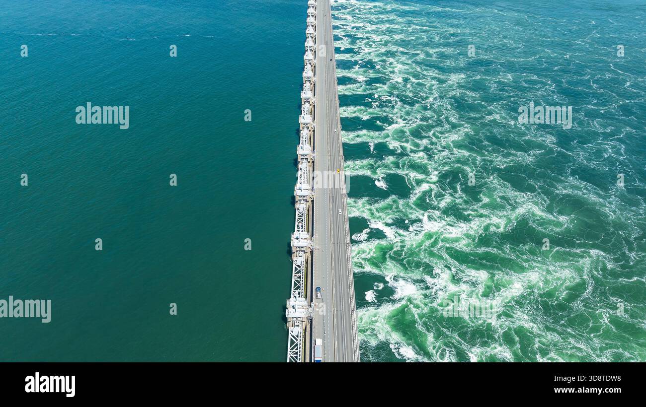 Delta Dam Project in Netherlands. Top drone view of Oosterschelde ...
