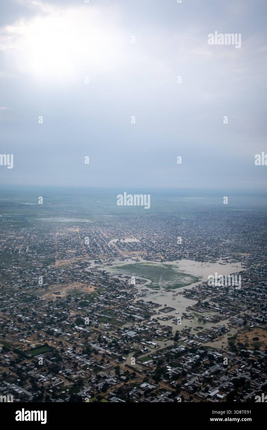 Aerial view of flooded neighbourhoods during the rainy season in ...