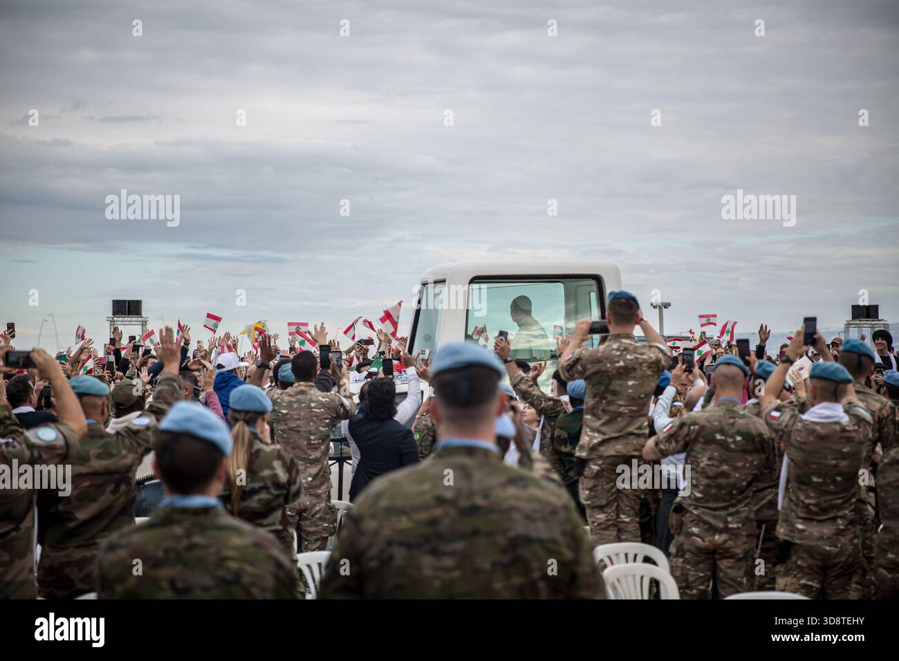 UNIFIL peacekeepers wave at Pope Leo XIV ahead of a waterfront mass ...