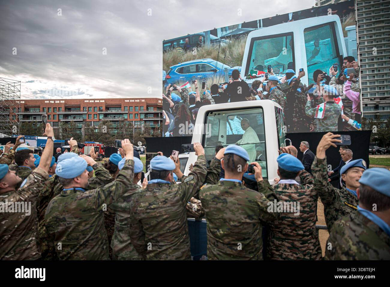 UNIFIL peacekeepers wave at Pope Leo XIV ahead of a waterfront mass ...