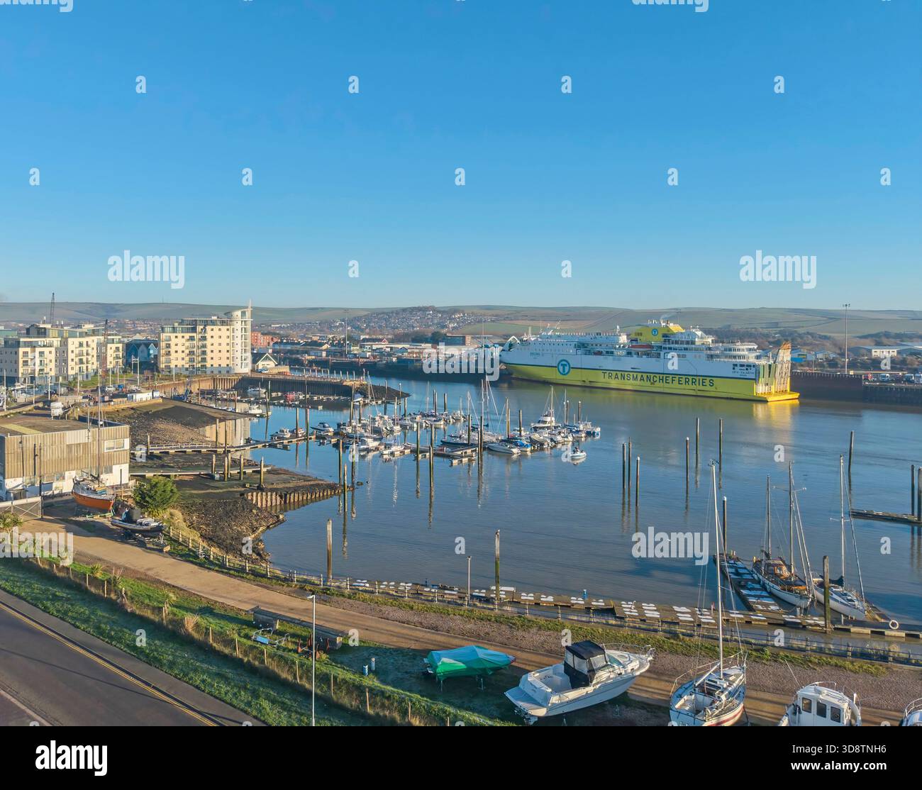aerial view of newhaven port and marina on the east sussex coast. The ...