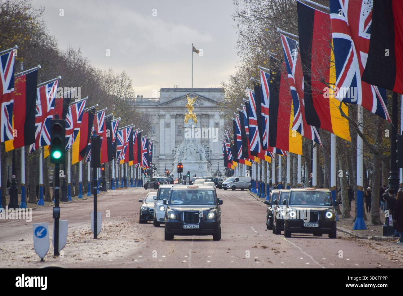 London, UK. 2nd December 2025. German flags and Union Jacks line The ...