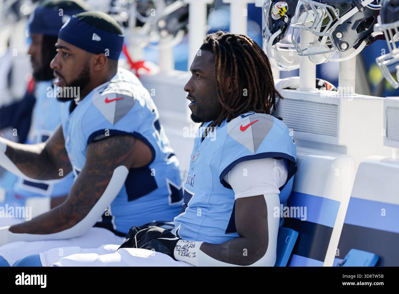 Tennessee Titans running back Tyjae Spears (2) sits on the bench prior ...