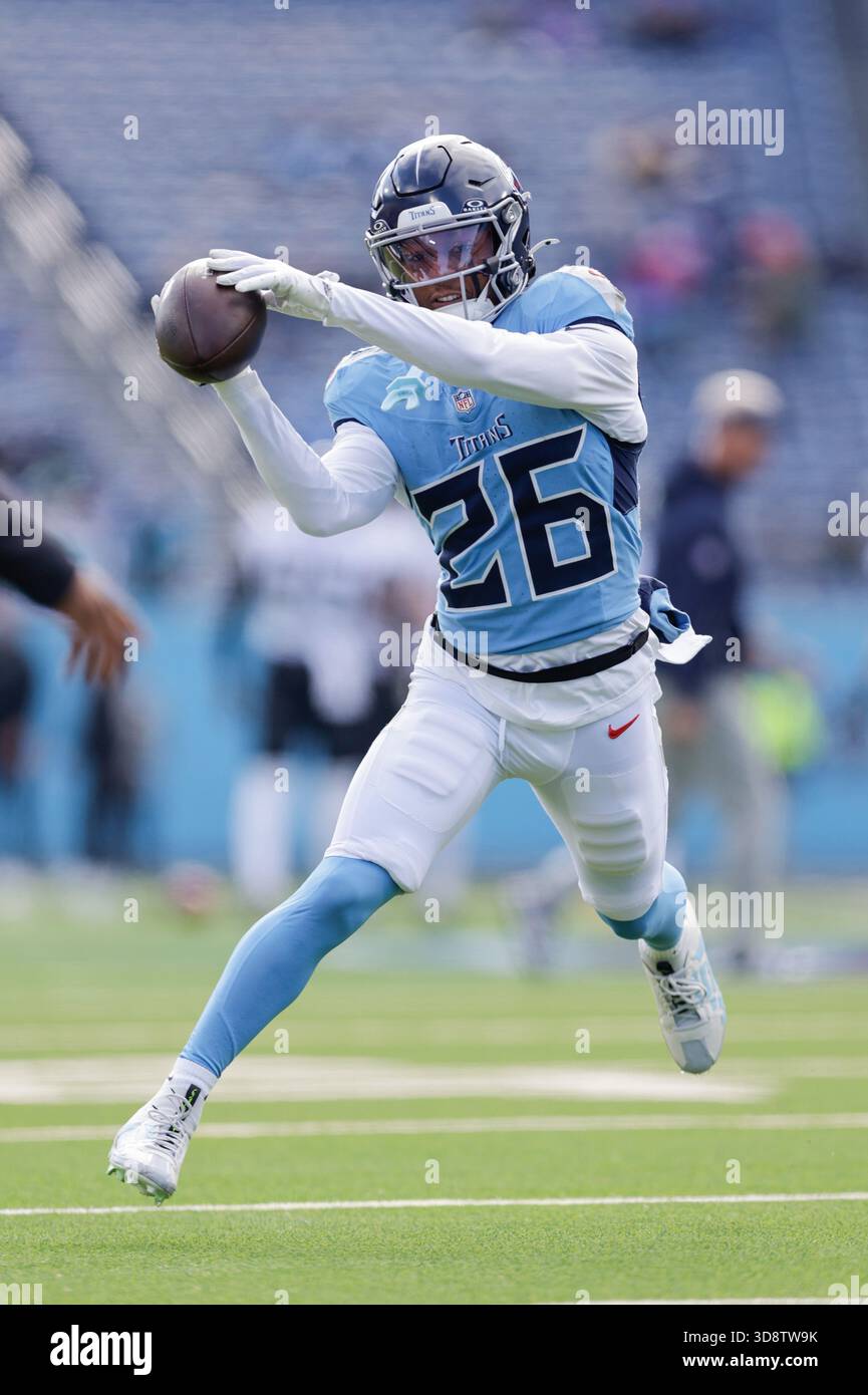 Tennessee Titans cornerback Marcus Harris (26) warms up prior to an NFL ...